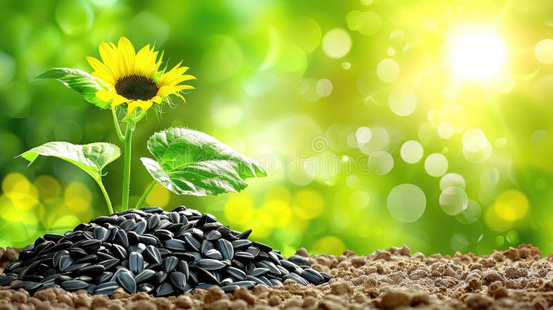 Single Sunflower Growing from a Pile of Seeds, Bright Backdrop. Stock ...