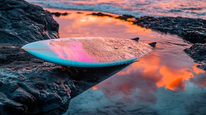 A Single Surfboard Leaning Against a Rock, with a Colorful Sunset Stock ...