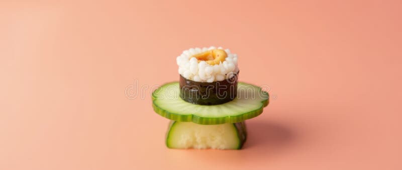 Single Sushi Roll on a Raised Platform of Sliced Cucumber Placed on a ...