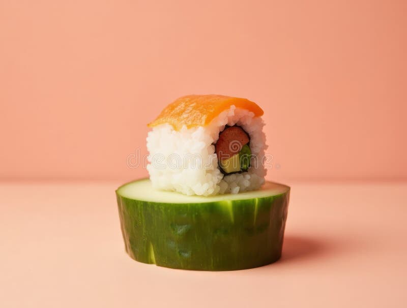 Single Sushi Roll on a Raised Platform of Sliced Cucumber Placed on a ...
