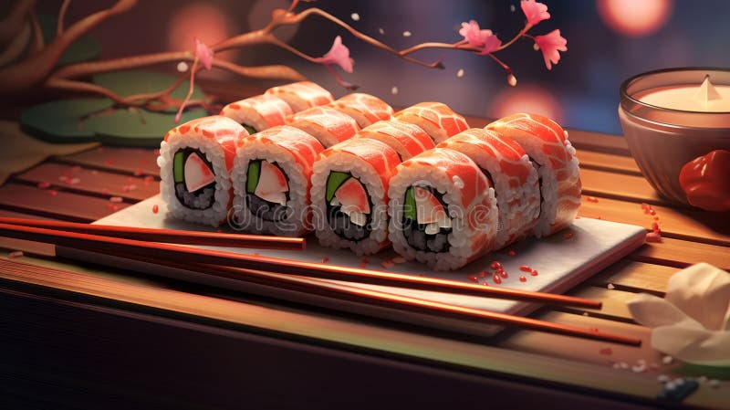 Single Sushi Roll on Table in Sushi Bar. Neural Network Ai Generated ...
