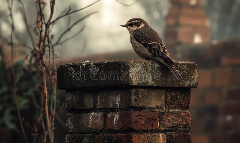 A Single Swift Resting on an Old Brick Chimney, Urban Contrast between ...