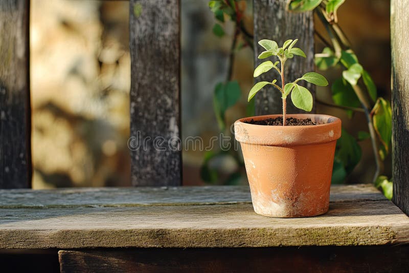 Single Terracotta Pot Sprouting Seedling Placed Wooden Stock Photos ...
