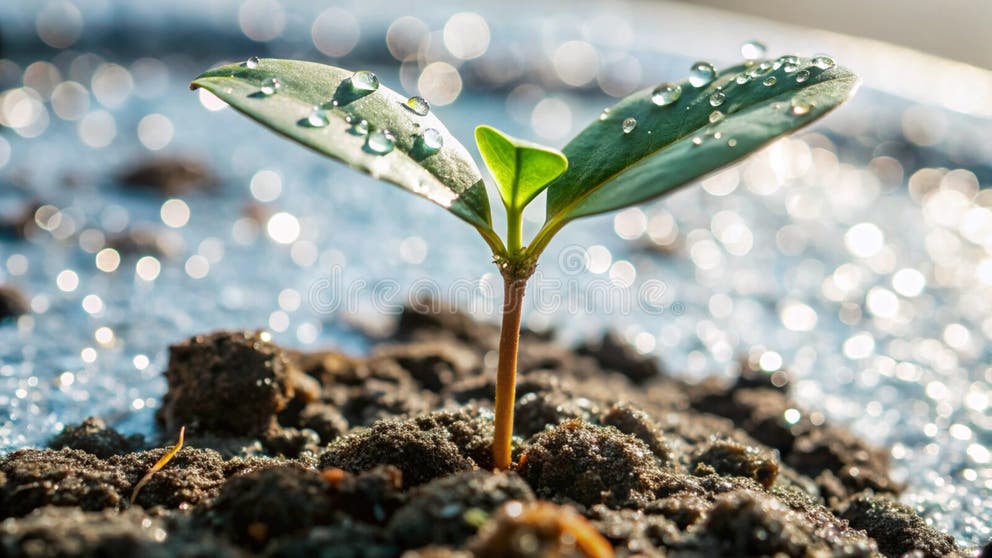 A Single Tiny Seedling Sprouting from the Ground with Soft Morning Dew ...