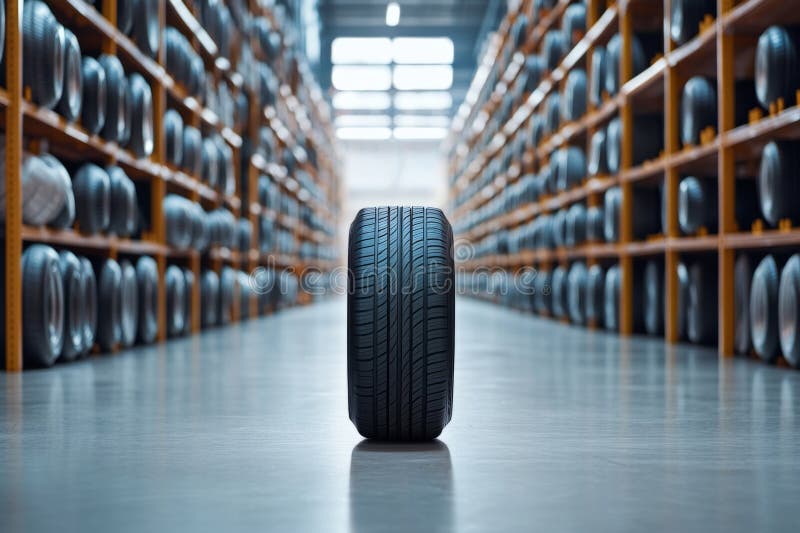 A Single Tire Stands Proud in a Spacious Warehouse. Shelves Filled with ...