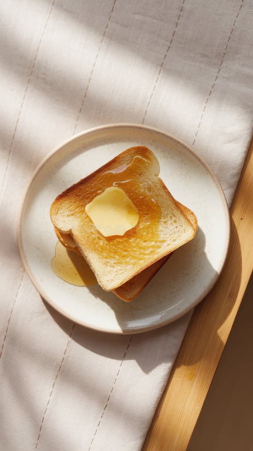 Single Toast with Butter on Plate with Wooden Table Setting Stock ...