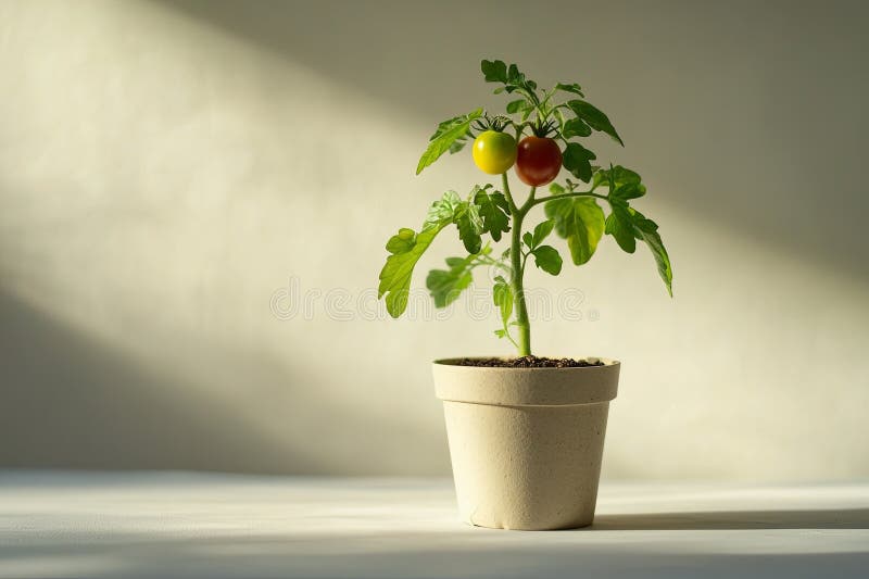A Single Tomato Plant in a Biodegradable Pot, Styled on a Pale Surface ...