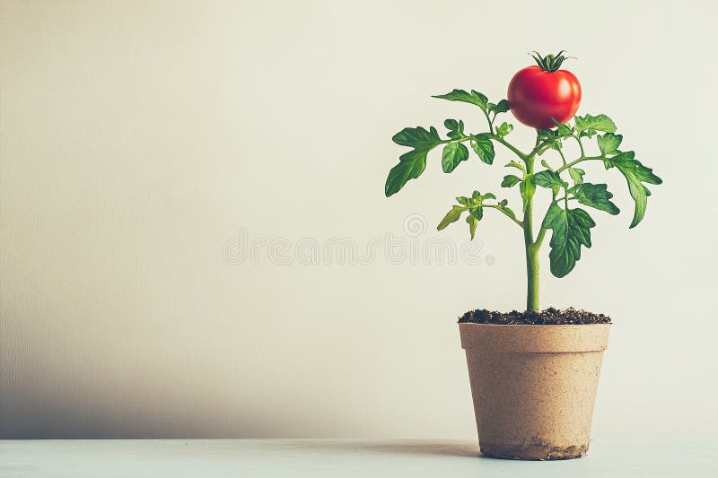 A Single Tomato Plant in a Biodegradable Pot, Styled on a Pale Surface ...