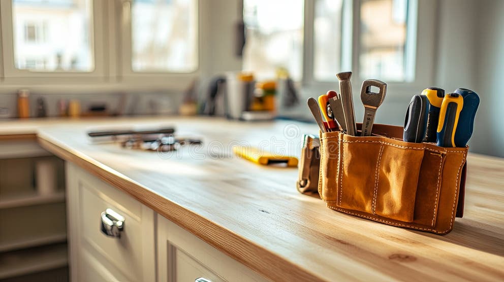 A Single Tool Belt Styled on a Light Wooden Countertop with Small Hand ...
