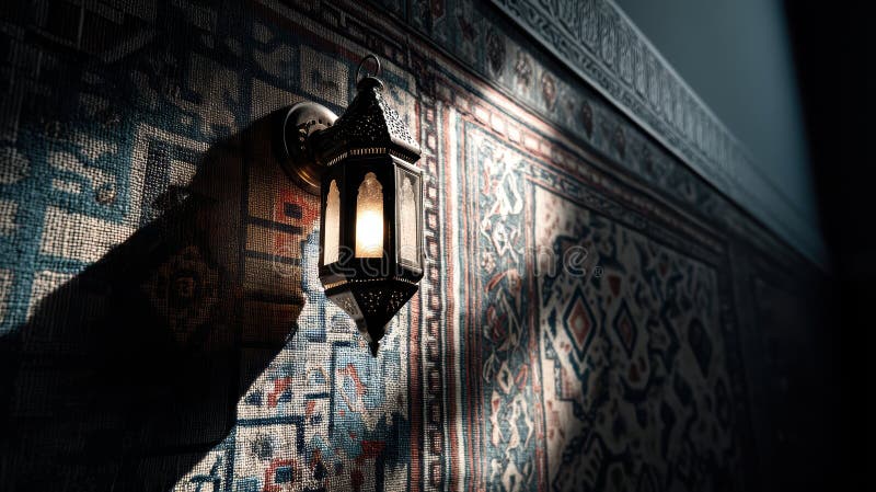 Single Traditional Lantern Casting Soft Light on Patterned Wall, Stock ...