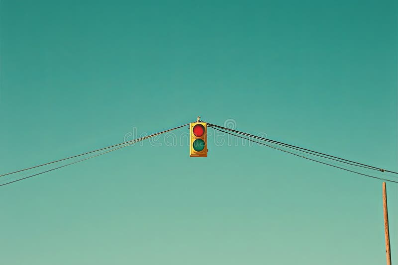 A Single Traffic Light Suspended on a Wire with a Clear Blue Sky in ...