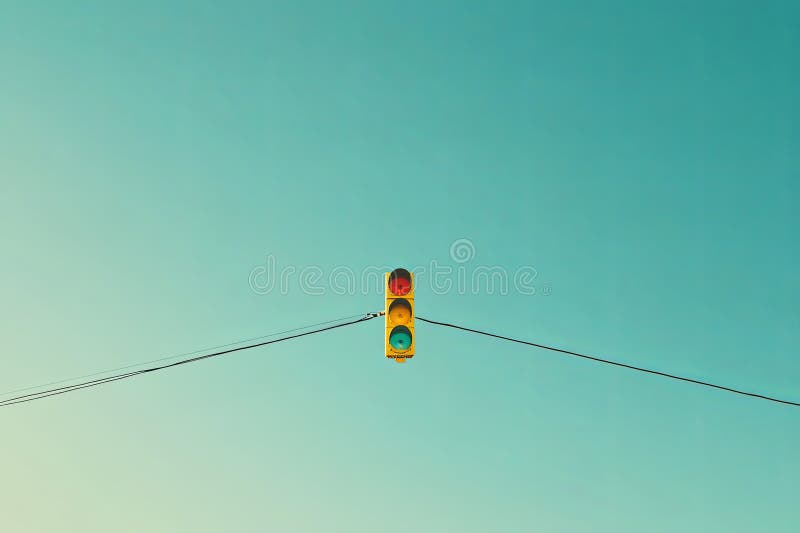 A Single Traffic Light Suspended on a Wire with a Clear Blue Sky in ...