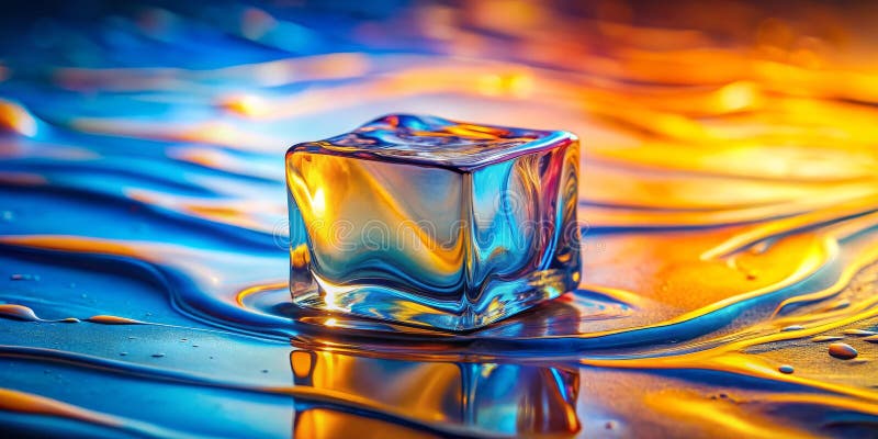A Single Translucent Cube Rests on an Iridescent, Flowing Surface of ...