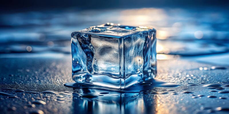 A Single, Translucent Ice Cube Melts Slowly on a Cool, Dark Surface ...