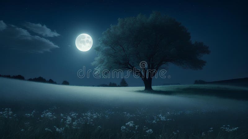 Single Tree among Beautiful Fields and Moonlight at Night Stock ...