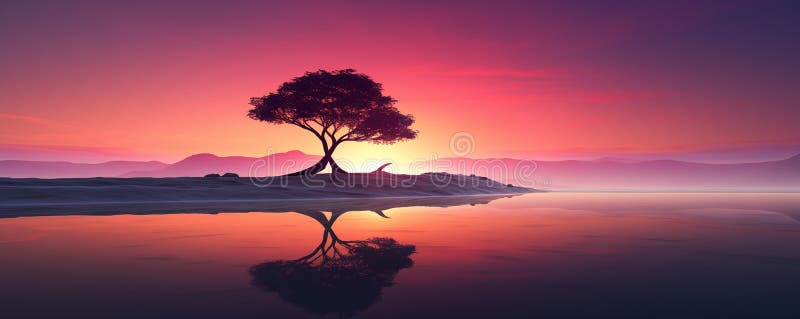 Single Tree on a Beautiful Sunset Landscape, Panoramic View, Generated ...