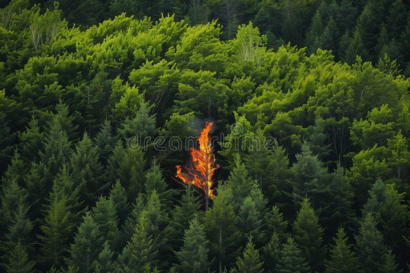 Single Tree Burning Amidst Green Trees, Contrasting Life and ...