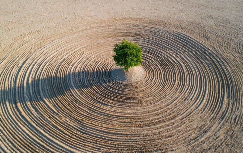 Single Tree in Concentric Circles of Sand Stock Illustration ...