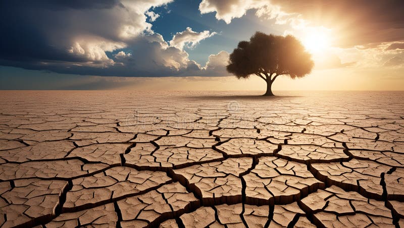 Single Tree in a Desert Landscape with Blue Sky, Drought Ground, Alone ...
