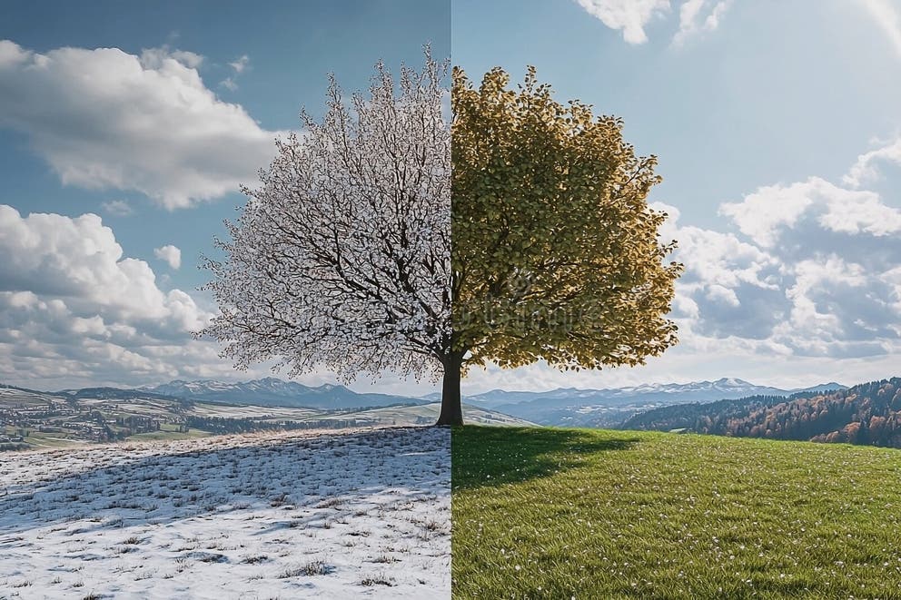 A Single Tree Displaying Two Distinct Seasons Half Winter and Half ...