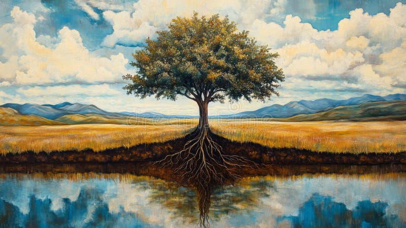 A Single Tree with Expansive Roots Reflecting in a Still Water Stock ...