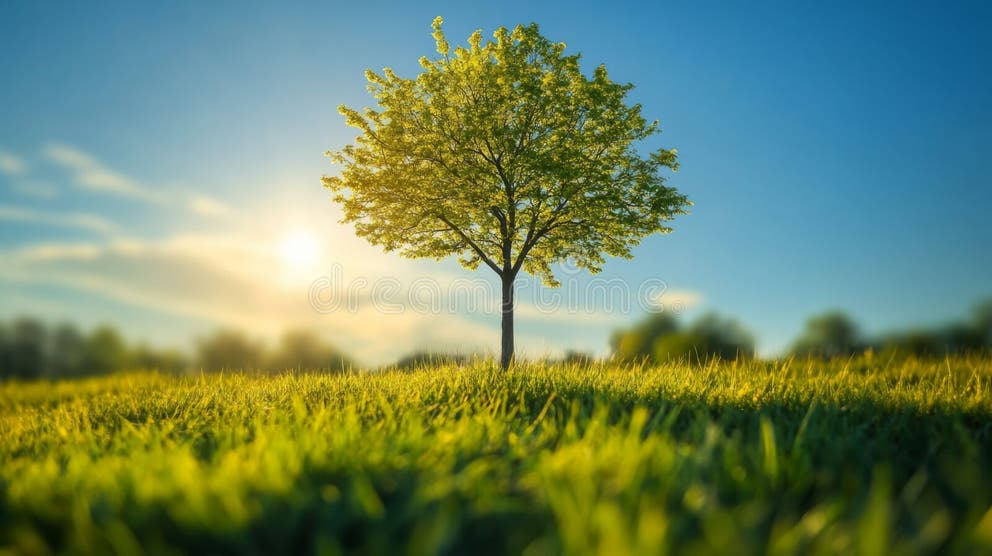 Single Tree in a Field of Grass with a Blurred Sky Background Stock ...
