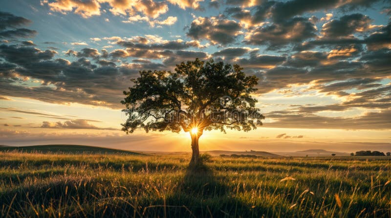 Single Tree in a Field at Sunset with Dramatic Sky Stock Illustration ...