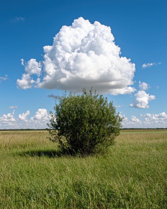 Single Tree in a Field Under a Large Cumulus Cloud Stock Illustration ...