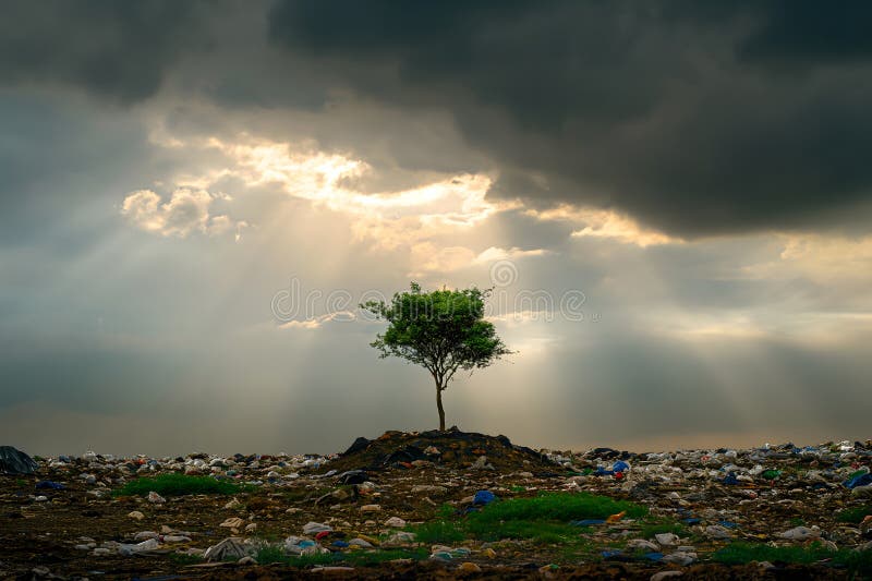 Single Tree on a Garbage Heap Under Sunbeams Piercing through Stormy ...