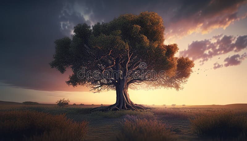 Single Tree Growing Digital Art Illustration, Generative AI Stock ...