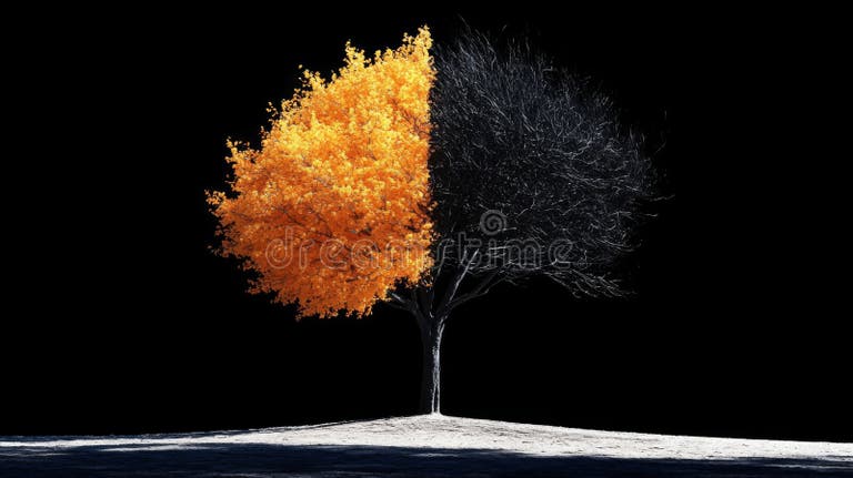 A Single Tree with Half Autumn Leaves and Half Bare Branches Against a ...