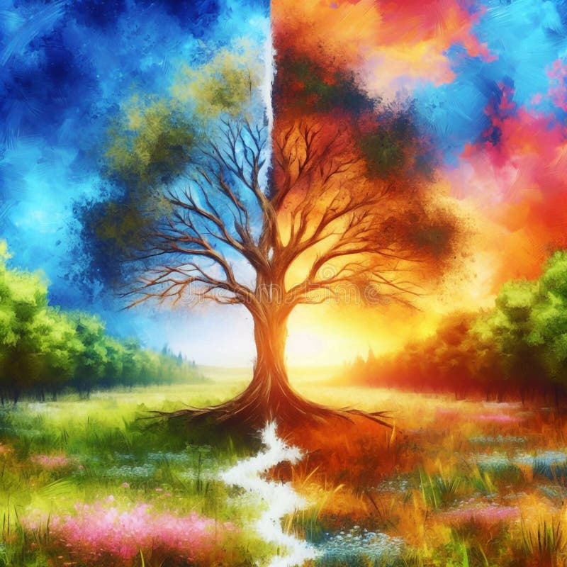 A Single Tree, Half Bare and Half Leafy, Representing Nature S Duality ...