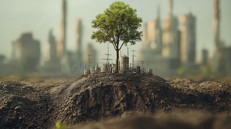 Single Tree on Hill Surrounded by Industrial Scene Stock Illustration ...