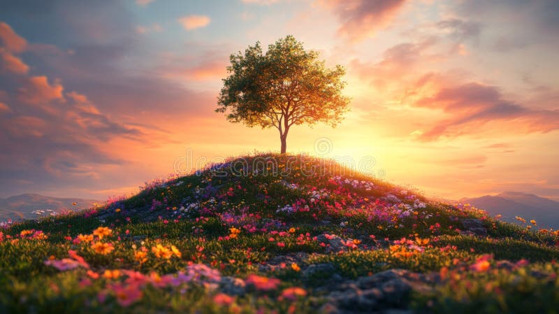 Single Tree on a Hilltop Meadow at Sunset Stock Illustration ...