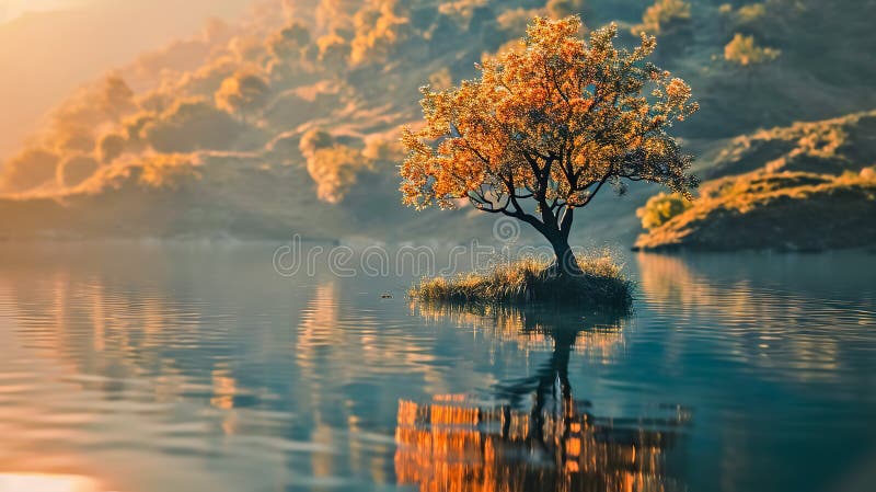 Single tree on a lake stock illustration. Illustration of outdoors ...