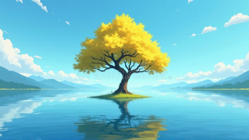 Single Tree on a Lake with Mountains in the Background Stock ...