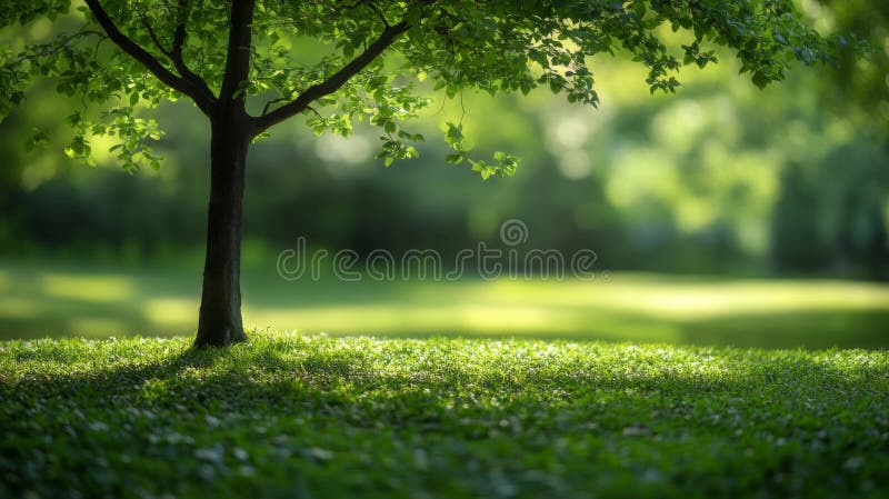 Single Tree in Lush Green Meadow Sunlight Stock Illustration ...
