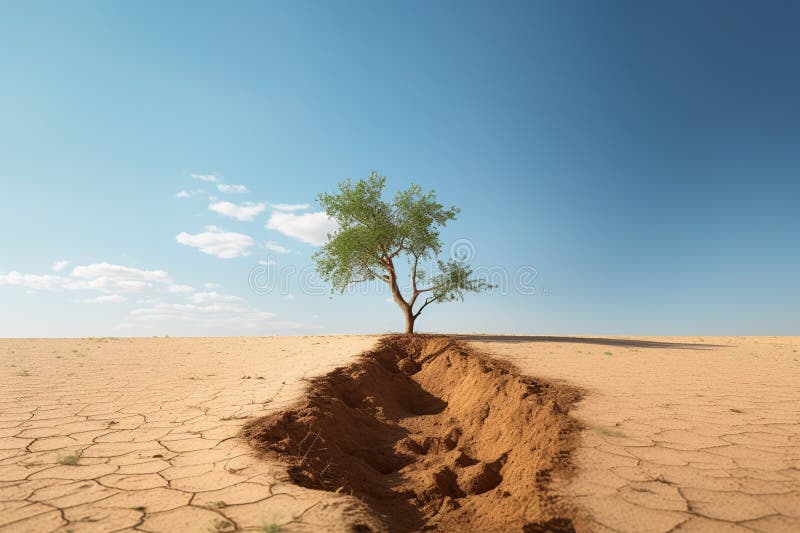 Single Tree in the Middle of a Broken Desert in Global Warming Concept ...