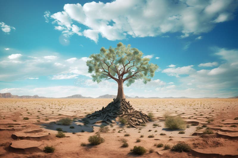 Single Tree in the Middle of a Broken Desert in Global Warming Concept ...