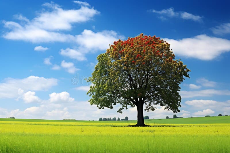 Single Tree in a Paddy Field with Blue Sky and White Clouds Stock ...