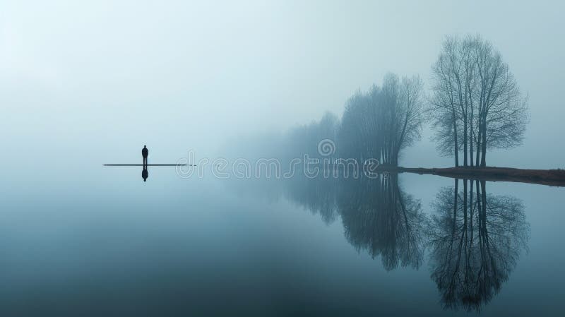 Single Tree Reflected in Misty Lake. Tranquility and Nature Concept ...