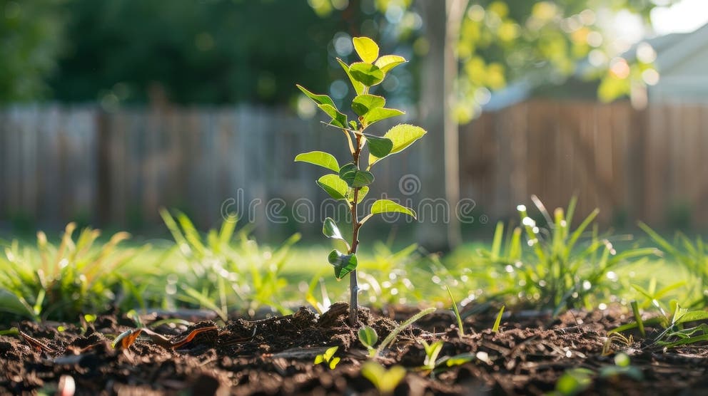 A Single Tree Sapling Planted in a Backyard Garden Symbolizing New ...