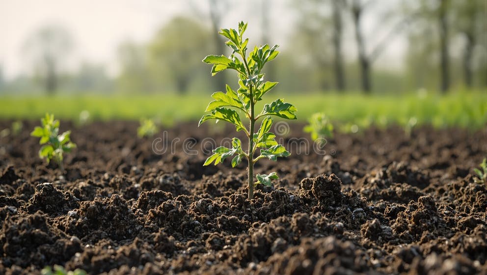 Single Tree Sapling in Plowed Field Rich Dark Soil of Spring Stock ...