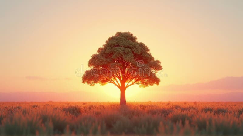 Single Tree Silhouette at Sunset Stock Illustration - Illustration of ...