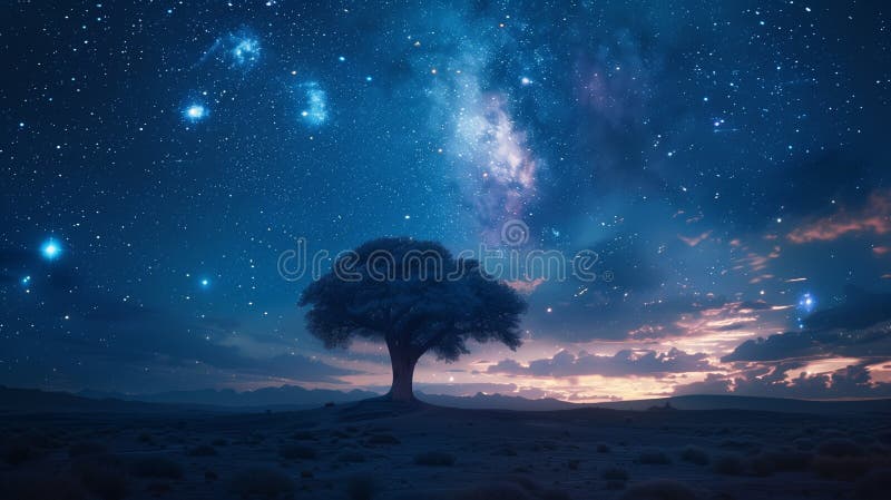 Single Tree Silhouetted on a Hilltop Under a Starry Night Sky Stock ...