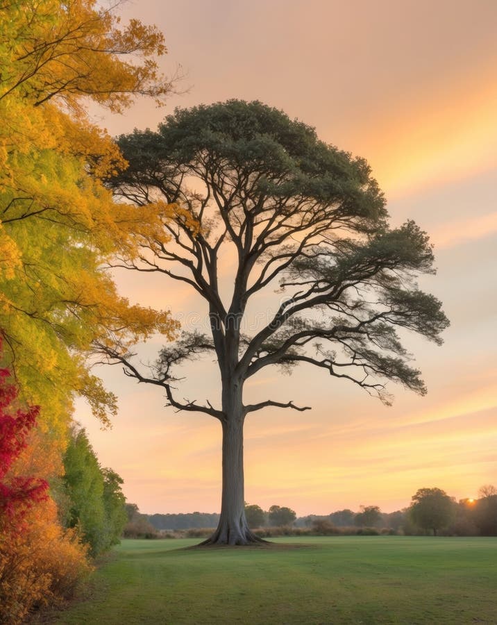 Single Tree Split between Two Seasons with Sunset. Stock Photo - Image ...
