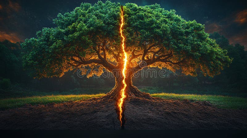 A Single Tree Split into Vibrant Life and Desolate Decay, with a ...
