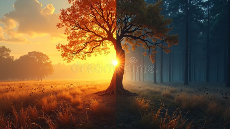 Split Tree, Day and Night Landscape Stock Illustration - Illustration ...