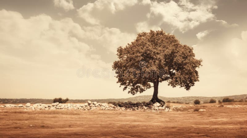 A Single Tree Standing Alone in a Field Surrounded by Rocks. Perfect ...