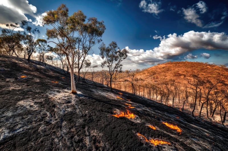 A Single Tree Standing Amidst the Charred Landscape of a Burnt Hillside ...